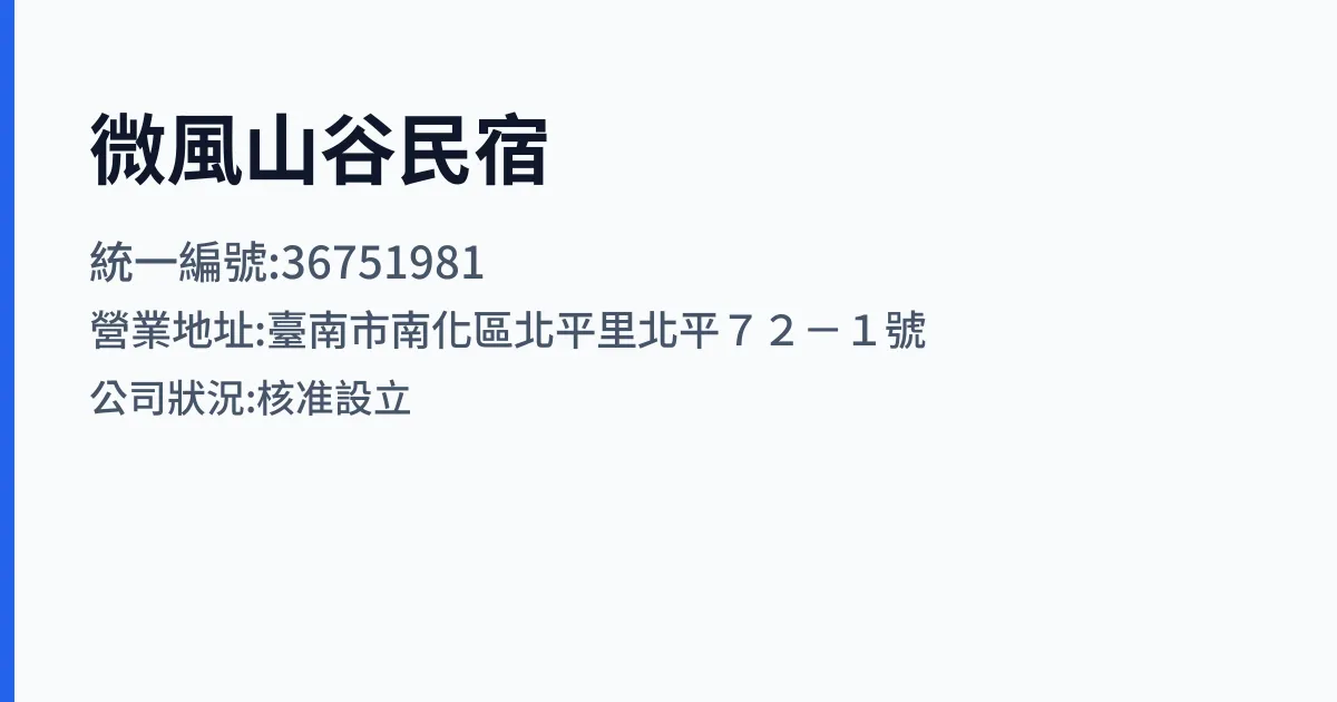 微風山谷民宿 - 統編 36751981(臺南市) 公司登記資料與營業項目詳細圖表