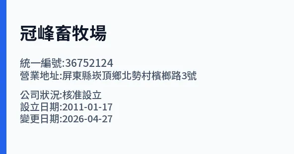 冠峰畜牧場的照片-統編 36752124(屏東縣) 公司登記資料與營業項目詳細圖表