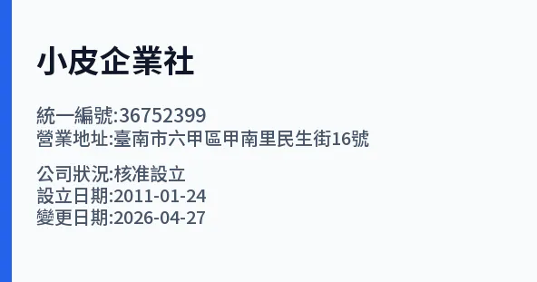 小皮企業社的照片-統編 36752399(臺南市) 公司登記資料與營業項目詳細圖表