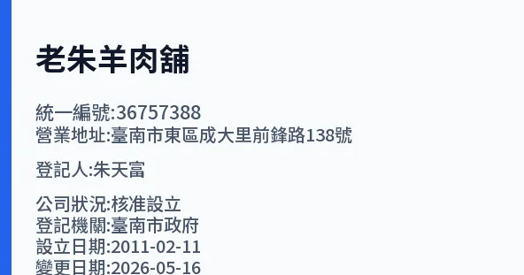 老朱羊肉舖的照片-統編 36757388(臺南市) 公司登記資料與營業項目詳細圖表