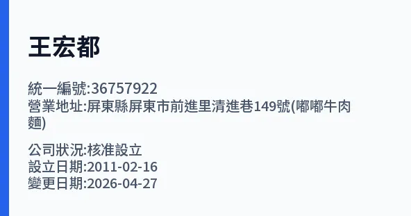 王宏都的照片-統編 36757922(屏東縣) 公司登記資料與營業項目詳細圖表