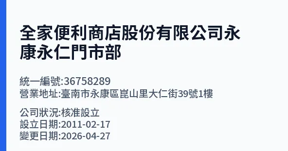 全家便利商店股份有限公司永康永仁門市部的照片-統編 36758289(臺南市) 公司登記資料與營業項目詳細圖表