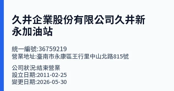 久井企業股份有限公司久井新永加油站的照片-統編 36759219(臺南市) 公司登記資料與營業項目詳細圖表