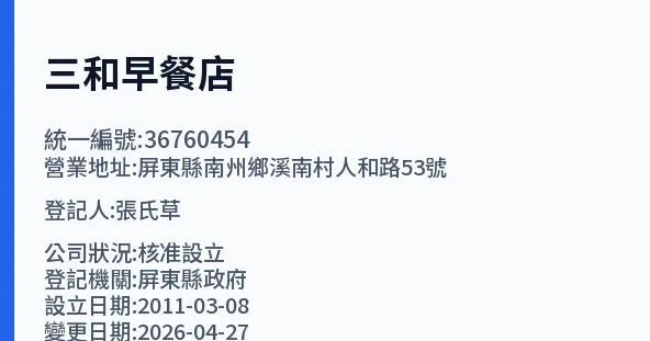 三和早餐店的照片-統編 36760454(屏東縣) 公司登記資料與營業項目詳細圖表