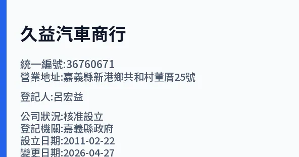 久益汽車商行的照片-統編 36760671(嘉義縣) 公司登記資料與營業項目詳細圖表