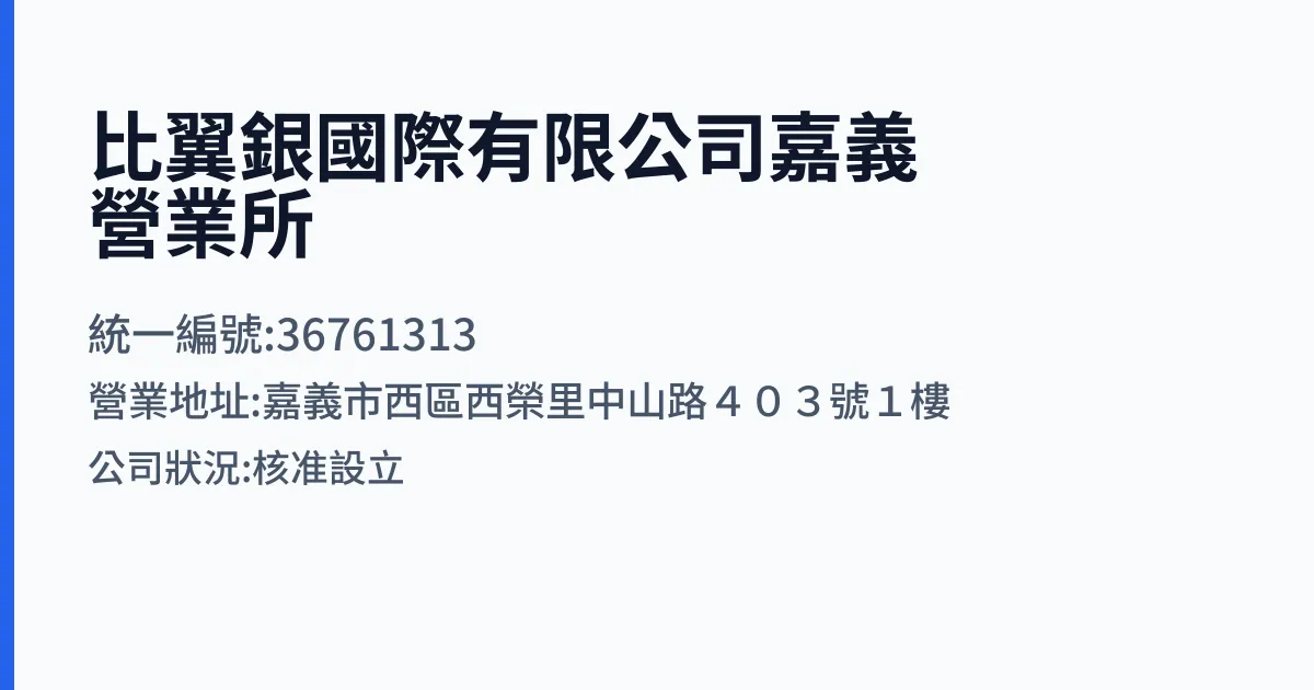 比翼銀國際有限公司嘉義營業所 - 統編 36761313(嘉義市) 公司登記資料與營業項目詳細圖表