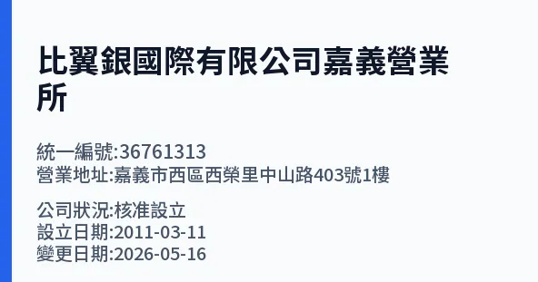 比翼銀國際有限公司嘉義營業所的照片-統編 36761313(嘉義市) 公司登記資料與營業項目詳細圖表
