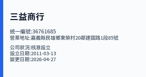 三益商行的照片-統編 36761685(嘉義縣) 公司登記資料與營業項目詳細圖表