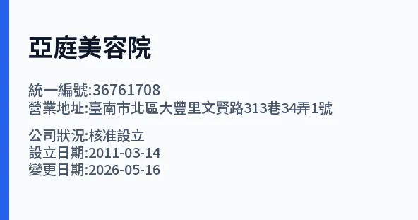 亞庭美容院的照片-統編 36761708(臺南市) 公司登記資料與營業項目詳細圖表