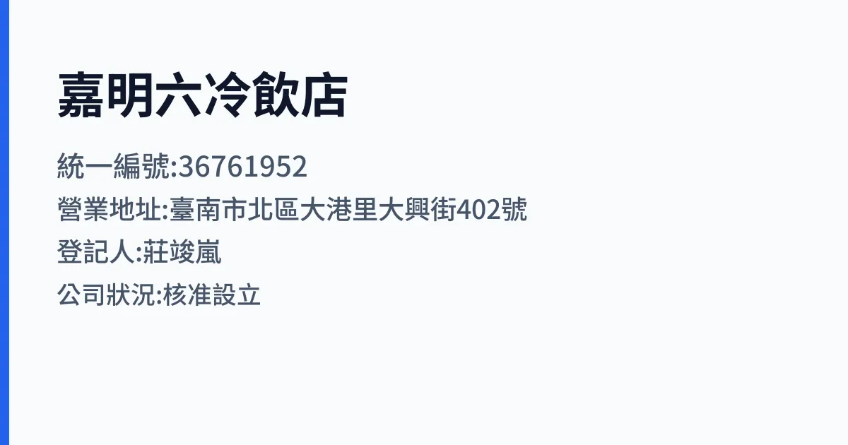 嘉明六冷飲店 - 統編 36761952(臺南市) 公司登記資料與營業項目詳細圖表