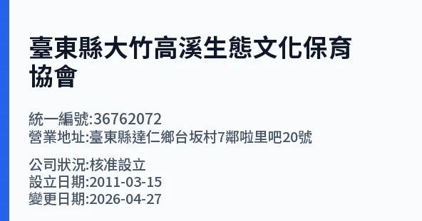 臺東縣大竹高溪生態文化保育協會的照片-統編 36762072(臺東縣) 公司登記資料與營業項目詳細圖表