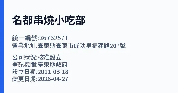 名都串燒小吃部的照片-統編 36762571(臺東縣) 公司登記資料與營業項目詳細圖表