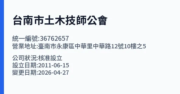 台南市土木技師公會的照片-統編 36762657(臺南市) 公司登記資料與營業項目詳細圖表
