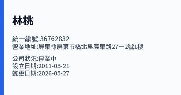 林桃的照片-統編 36762832(屏東縣) 公司登記資料與營業項目詳細圖表