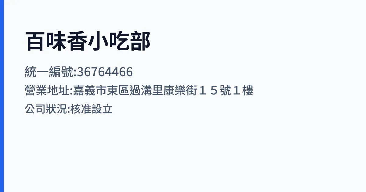 百味香小吃部 - 統編 36764466(嘉義市) 公司登記資料與營業項目詳細圖表