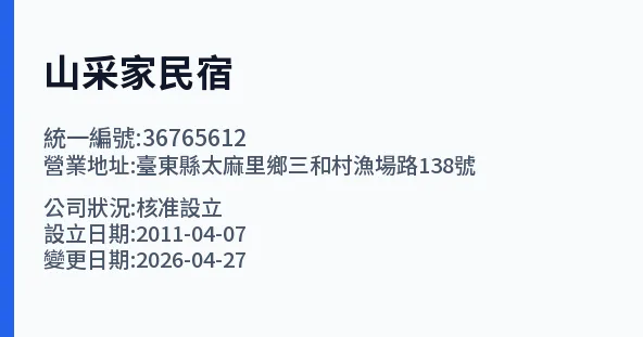 山采家民宿的照片-統編 36765612(臺東縣) 公司登記資料與營業項目詳細圖表