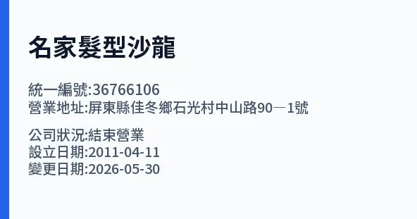 名家髮型沙龍的照片-統編 36766106(屏東縣) 公司登記資料與營業項目詳細圖表