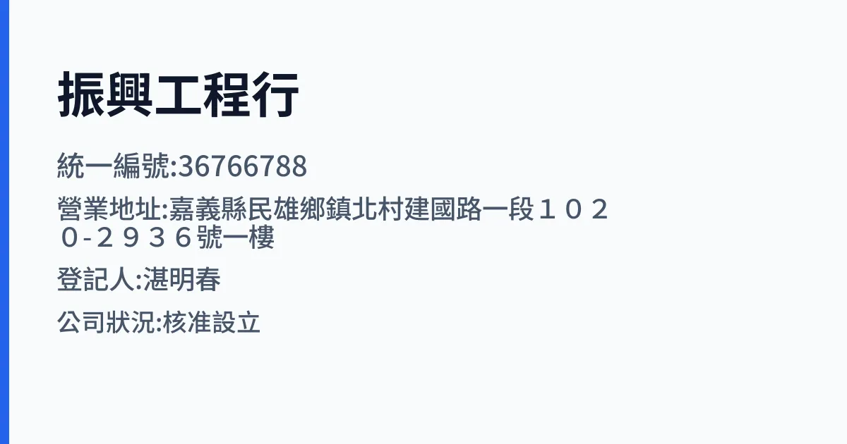 振興工程行 - 統編 36766788(嘉義縣) 公司登記資料與營業項目詳細圖表