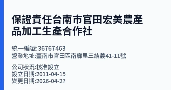 保證責任台南市官田宏美農產品加工生產合作社的照片-統編 36767463(臺南市) 公司登記資料與營業項目詳細圖表