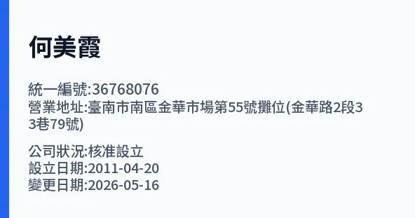 何美霞的照片-統編 36768076(臺南市) 公司登記資料與營業項目詳細圖表