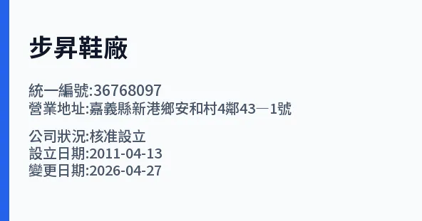 步昇鞋廠的照片-統編 36768097(嘉義縣) 公司登記資料與營業項目詳細圖表
