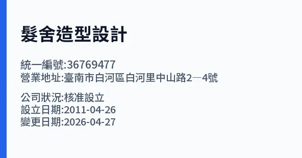 髮舍造型設計的照片-統編 36769477(臺南市) 公司登記資料與營業項目詳細圖表