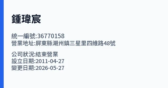 鍾瑋宸的照片-統編 36770158(屏東縣) 公司登記資料與營業項目詳細圖表