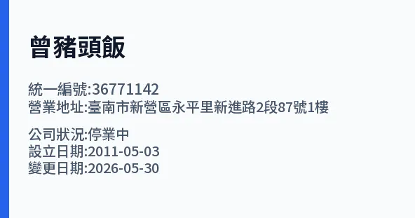 曾豬頭飯的照片-統編 36771142(臺南市) 公司登記資料與營業項目詳細圖表
