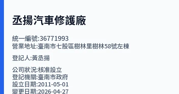 丞揚汽車修護廠的照片-統編 36771993(臺南市) 公司登記資料與營業項目詳細圖表
