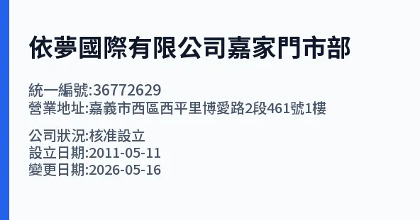依夢國際有限公司嘉家門市部的照片-統編 36772629(嘉義市) 公司登記資料與營業項目詳細圖表