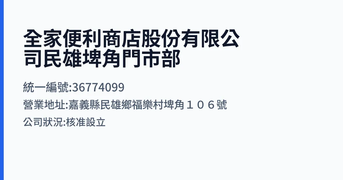 全家便利商店股份有限公司民雄埤角門市部 - 統編 36774099(嘉義縣) 公司登記資料與營業項目詳細圖表