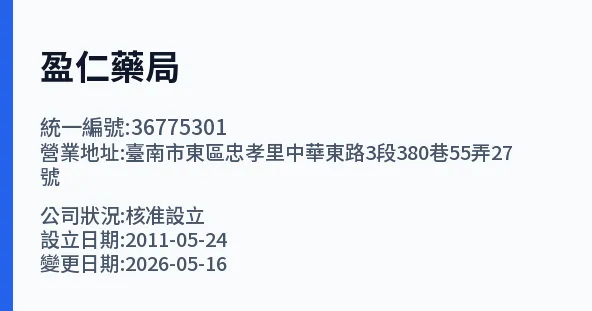 盈仁藥局的照片-統編 36775301(臺南市) 公司登記資料與營業項目詳細圖表