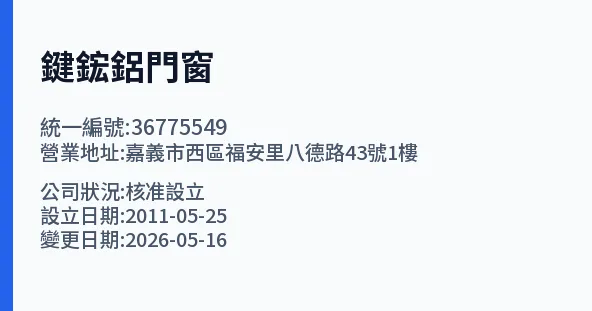 鍵鋐鋁門窗的照片-統編 36775549(嘉義市) 公司登記資料與營業項目詳細圖表