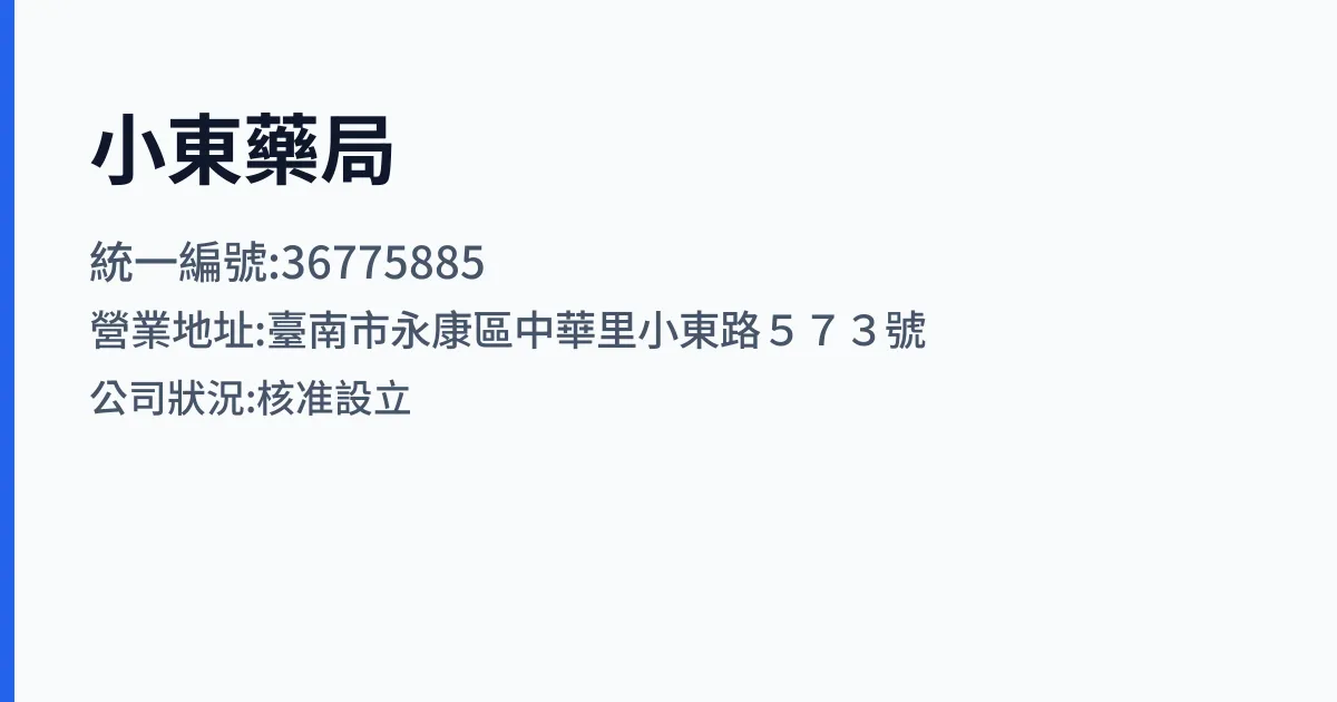 小東藥局 - 統編 36775885(臺南市) 公司登記資料與營業項目詳細圖表