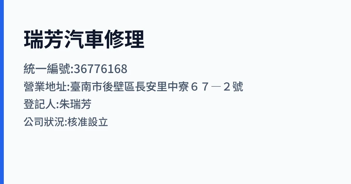 瑞芳汽車修理 - 統編 36776168(臺南市) 公司登記資料與營業項目詳細圖表