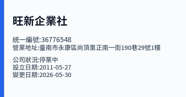 旺新企業社的照片-統編 36776548(臺南市) 公司登記資料與營業項目詳細圖表