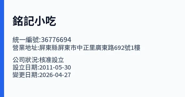 銘記小吃的照片-統編 36776694(屏東縣) 公司登記資料與營業項目詳細圖表