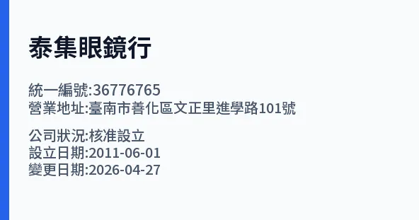 泰集眼鏡行的照片-統編 36776765(臺南市) 公司登記資料與營業項目詳細圖表