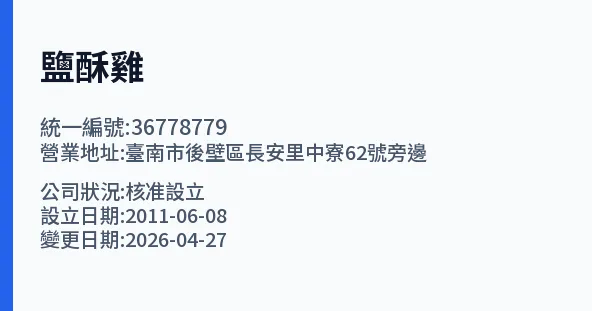 鹽酥雞的照片-統編 36778779(臺南市) 公司登記資料與營業項目詳細圖表