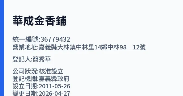華成金香鋪的照片-統編 36779432(嘉義縣) 公司登記資料與營業項目詳細圖表