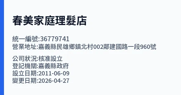 春美家庭理髮店的照片-統編 36779741(嘉義縣) 公司登記資料與營業項目詳細圖表