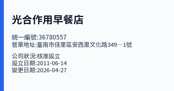 光合作用早餐店的照片-統編 36780557(臺南市) 公司登記資料與營業項目詳細圖表