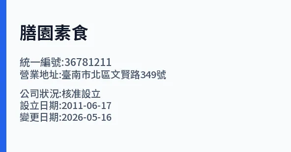 膳園素食的照片-統編 36781211(臺南市) 公司登記資料與營業項目詳細圖表