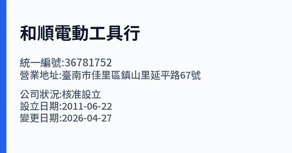 和順電動工具行的照片-統編 36781752(臺南市) 公司登記資料與營業項目詳細圖表