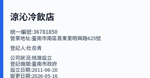 涼沁冷飲店的照片-統編 36781850(臺南市) 公司登記資料與營業項目詳細圖表
