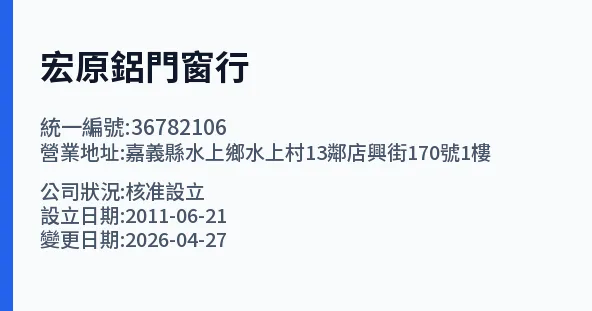 宏原鋁門窗行的照片-統編 36782106(嘉義縣) 公司登記資料與營業項目詳細圖表