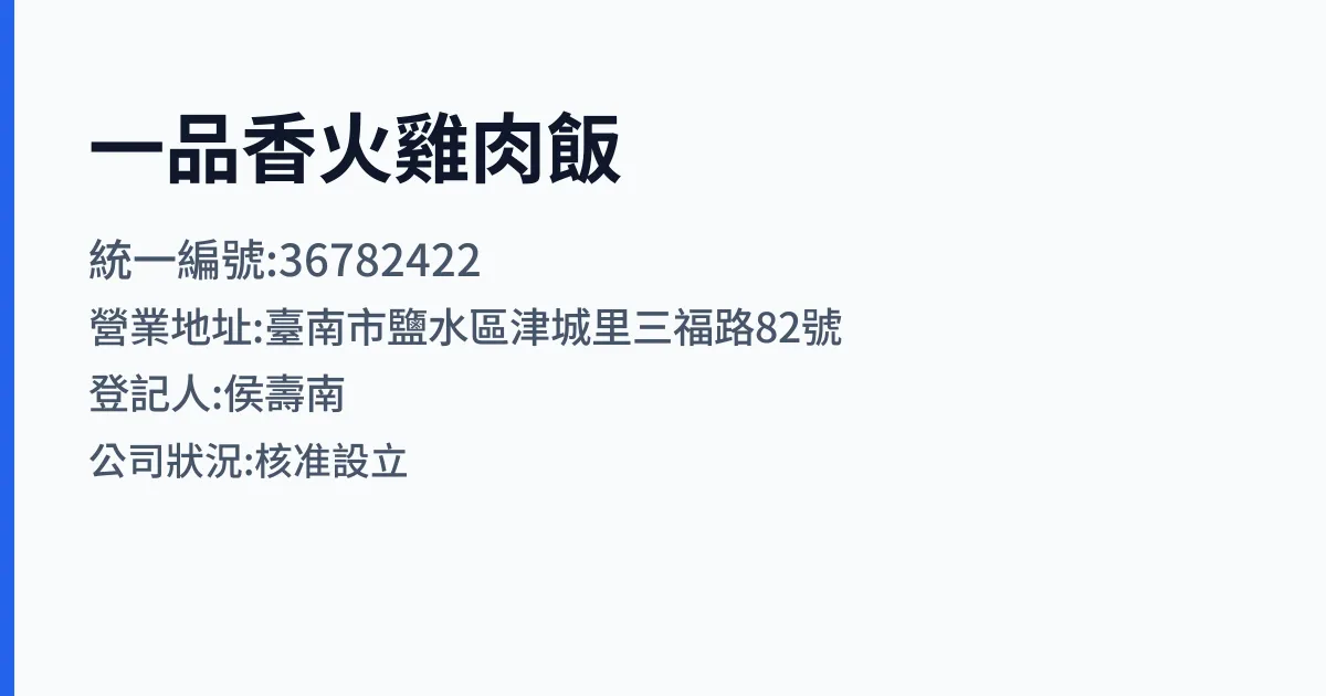 一品香火雞肉飯 - 統編 36782422(臺南市) 公司登記資料與營業項目詳細圖表