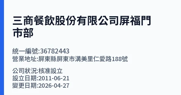 三商餐飲股份有限公司屏福門市部的照片-統編 36782443(屏東縣) 公司登記資料與營業項目詳細圖表
