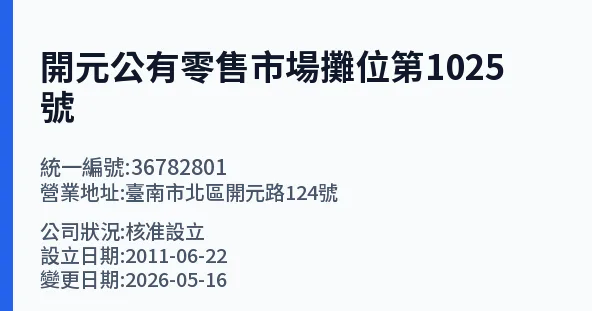 開元公有零售市場攤位第1025號的照片-統編 36782801(臺南市) 公司登記資料與營業項目詳細圖表
