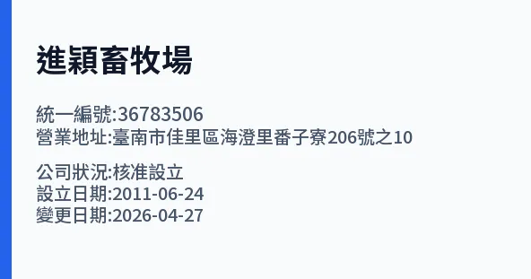 進穎畜牧場的照片-統編 36783506(臺南市) 公司登記資料與營業項目詳細圖表